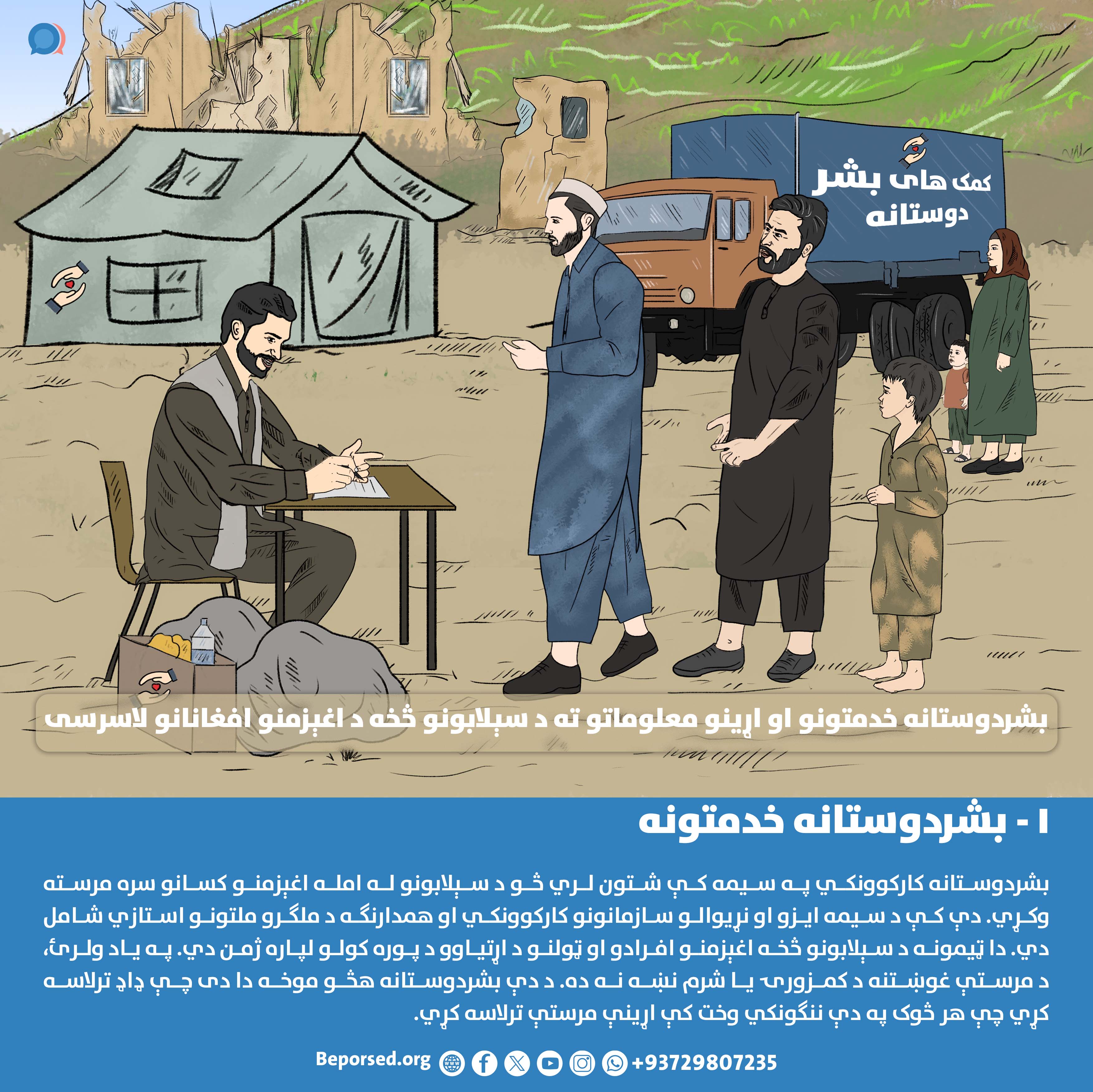 بشردوستانه خدمتونو او اړینو معلوماتو ته د سېلابونو څخه د اغېزمنو افغانانو لاسرسی - Beporsed